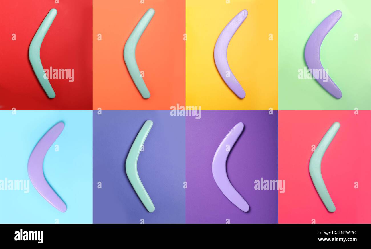 Collage with photos of boomerangs on different color backgrounds, top ...