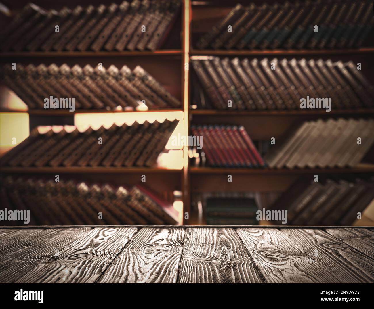 Empty wooden table in library. Space for design Stock Photo - Alamy