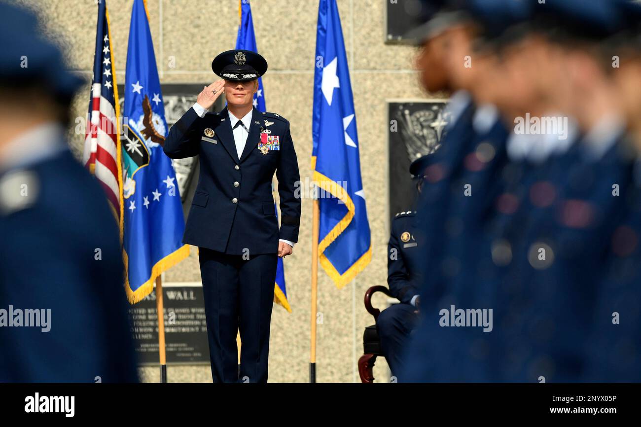 Brigadier General Kristin Goodwin salutes as cadets pass in review ...