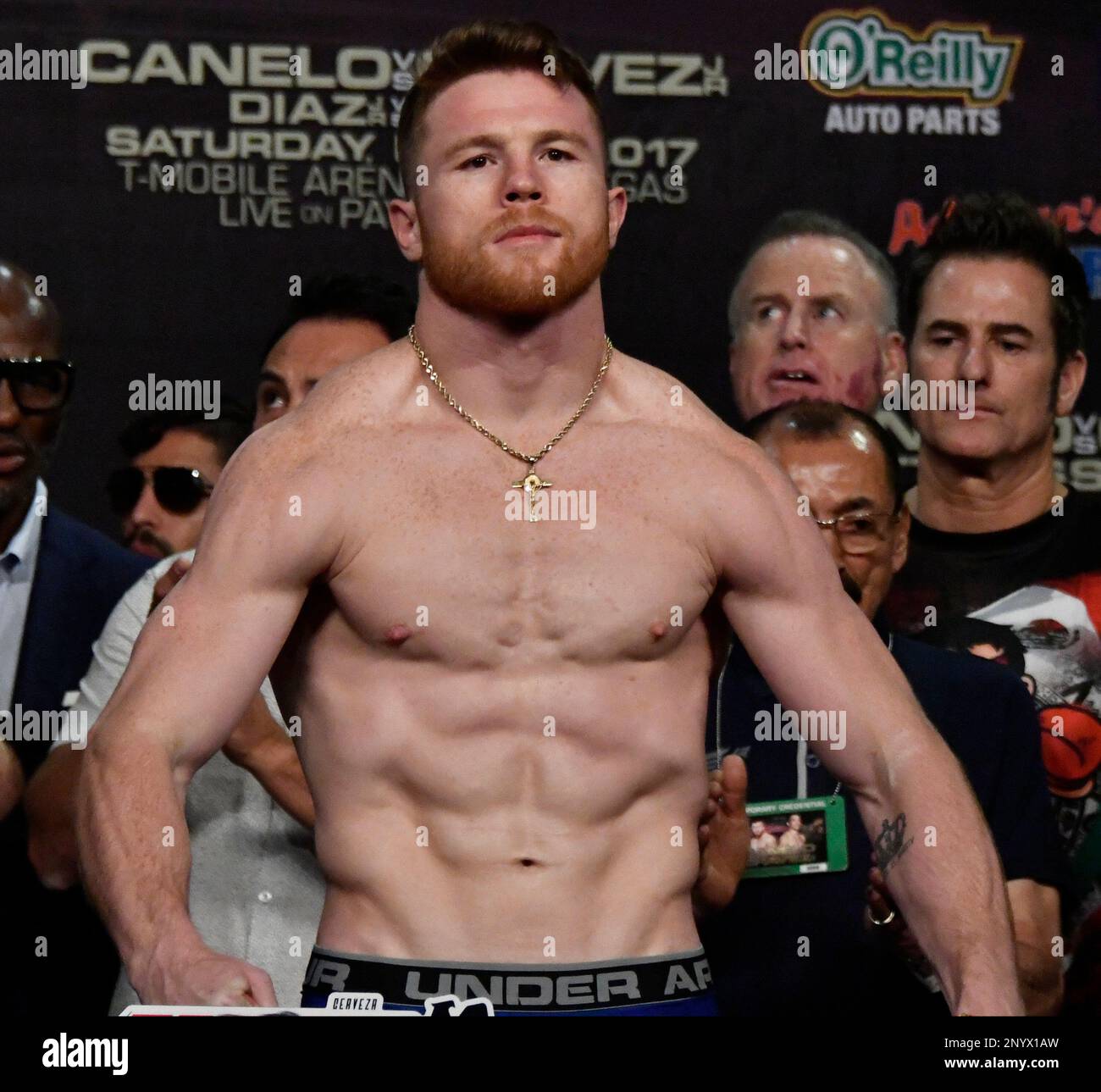 May 5, 2017. Las Vegas NV. Mexico's Canelo Alvarez weighs in at 164 ...