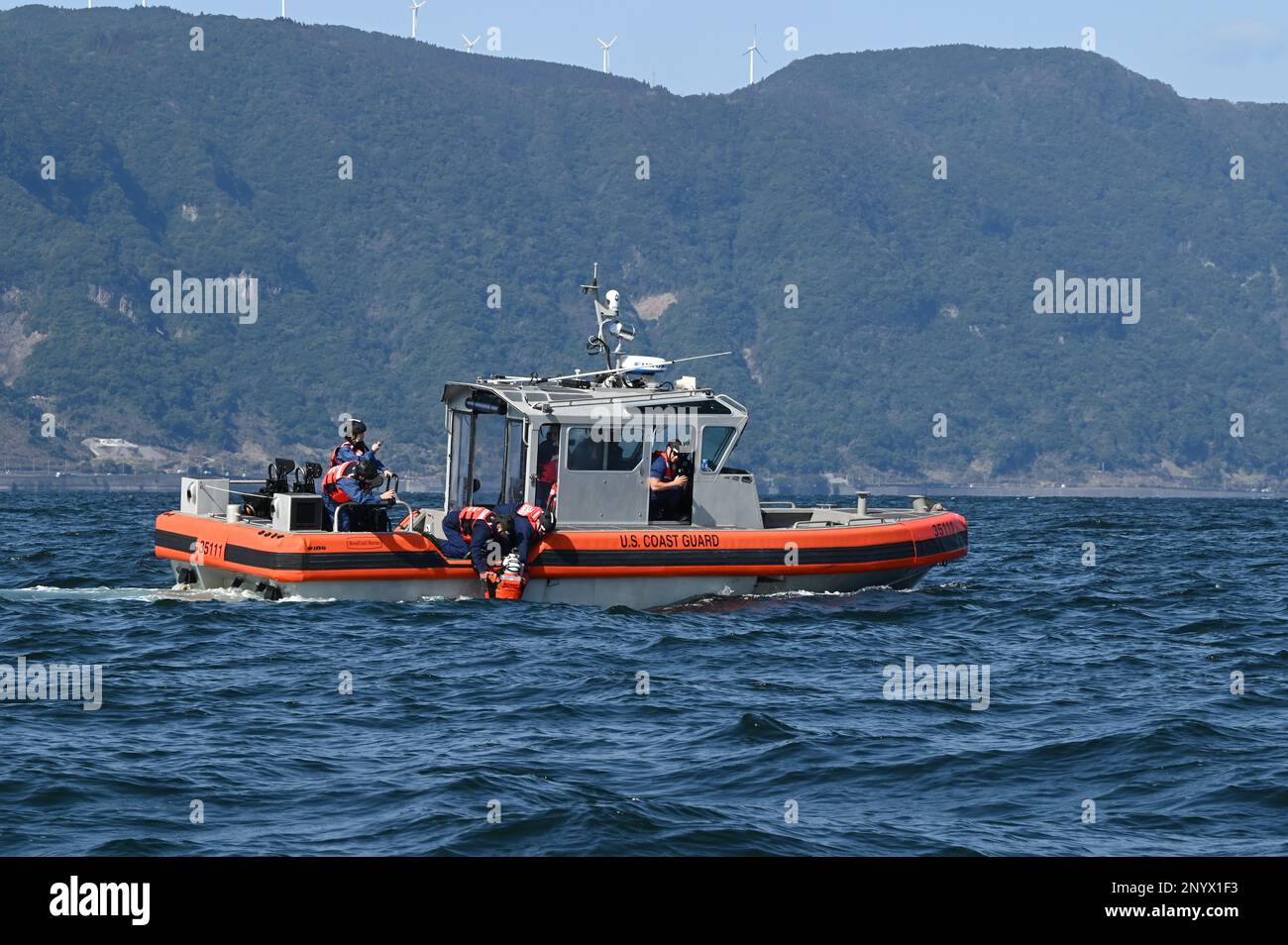 Crewmembers aboard the U.S. Coast Guard Cutter Kimball’s (WMSL 756) 35 ...