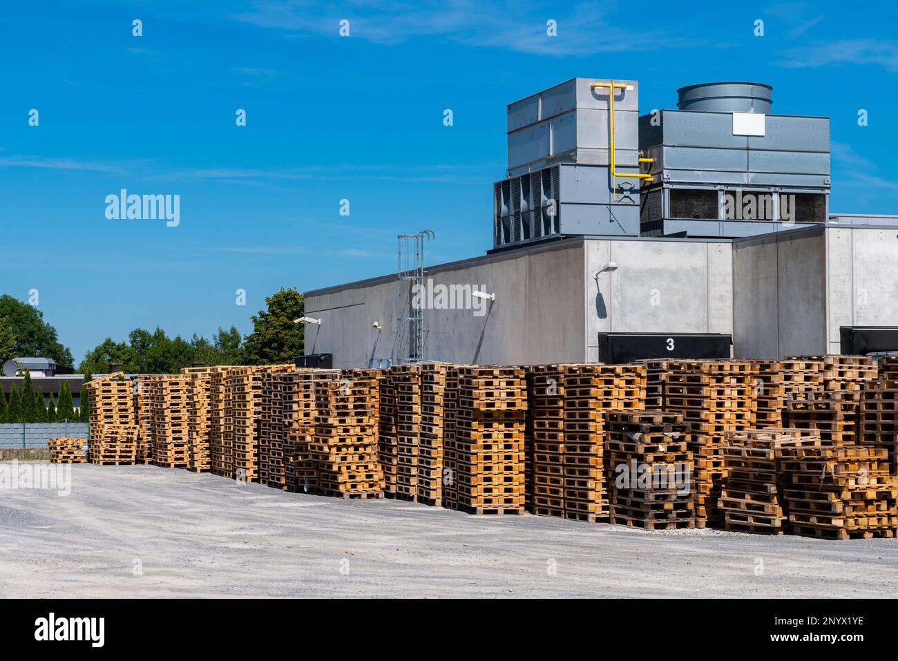 Lots of wooden pallets in a warehouse in front of an industrial ...