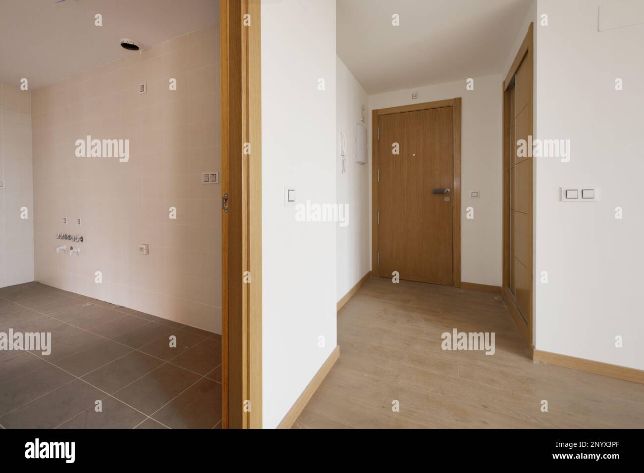 Entrance hall of an empty house with an oak wood access door to match ...