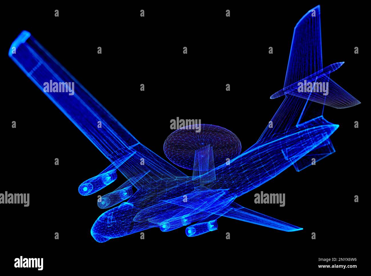 AWACS jet airplane. Glowing neon particles and blue lights formation of ...
