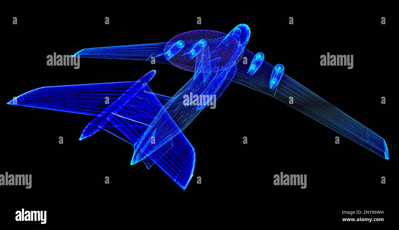 Military force air flying airplane. Glowing neon particles and blue ...