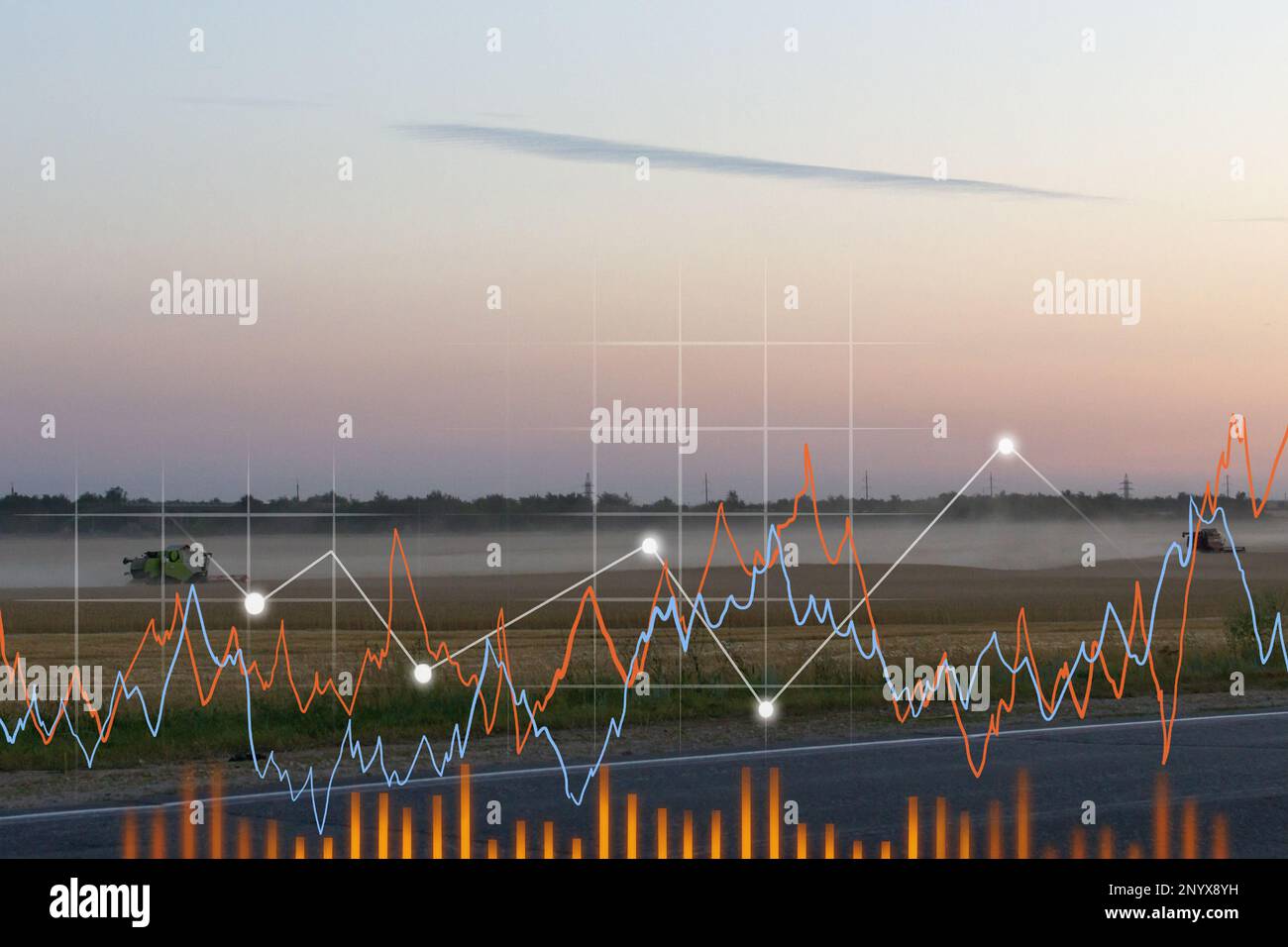 Combines in the wheat field with a graph. Everything is going according ...