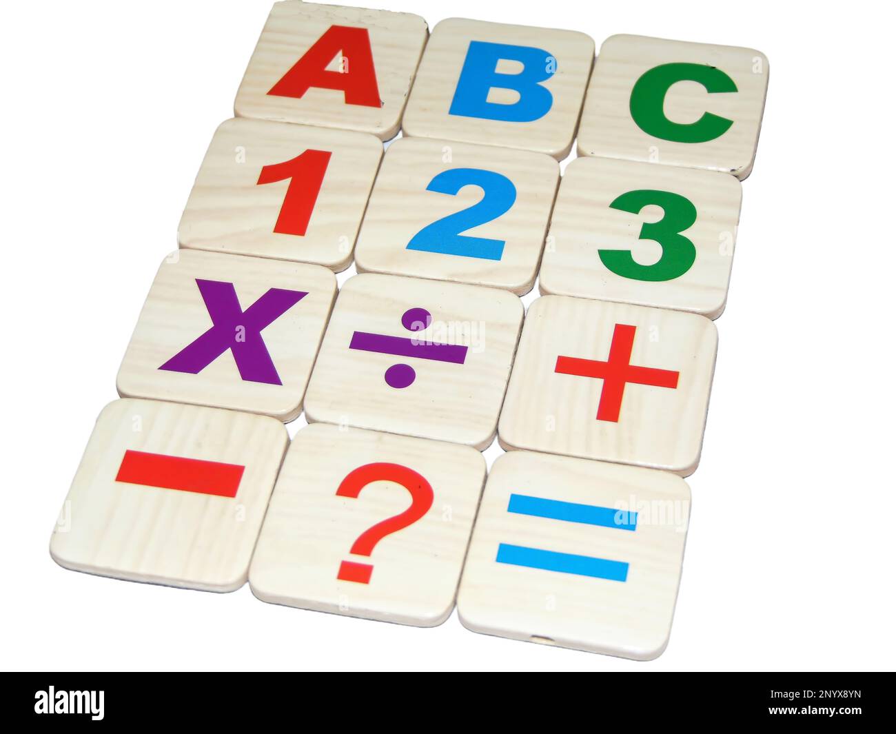 Colored letters, numbers and mathematical signs isolated on white Stock ...
