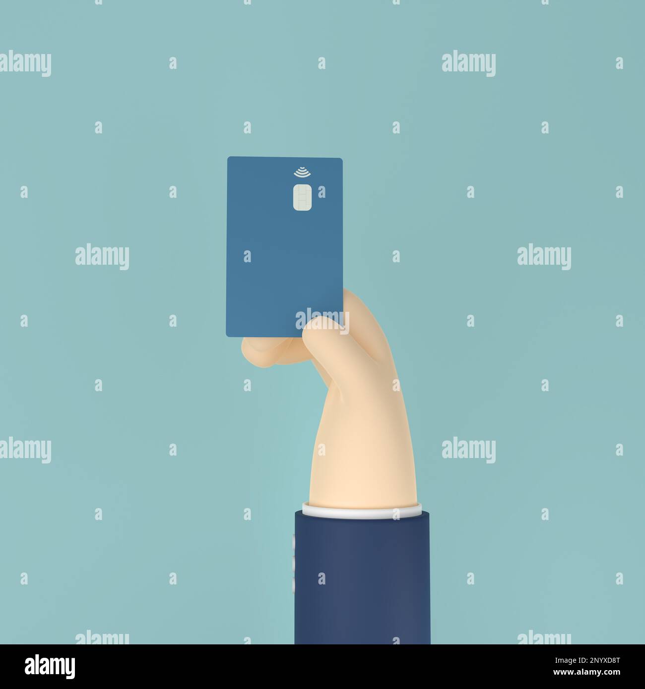 Hand holding a credit card over blue background. Cartoon hand with ...