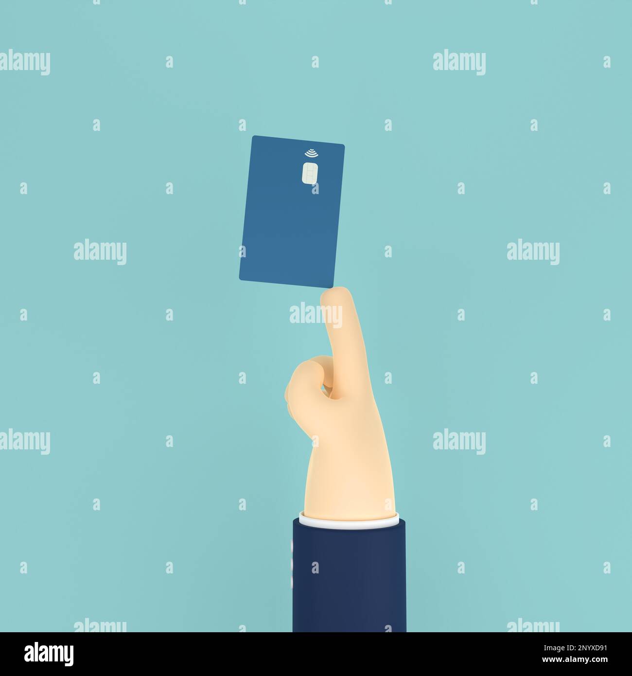Credit card on a point finger. Cartoon hand with a blank debit card ...