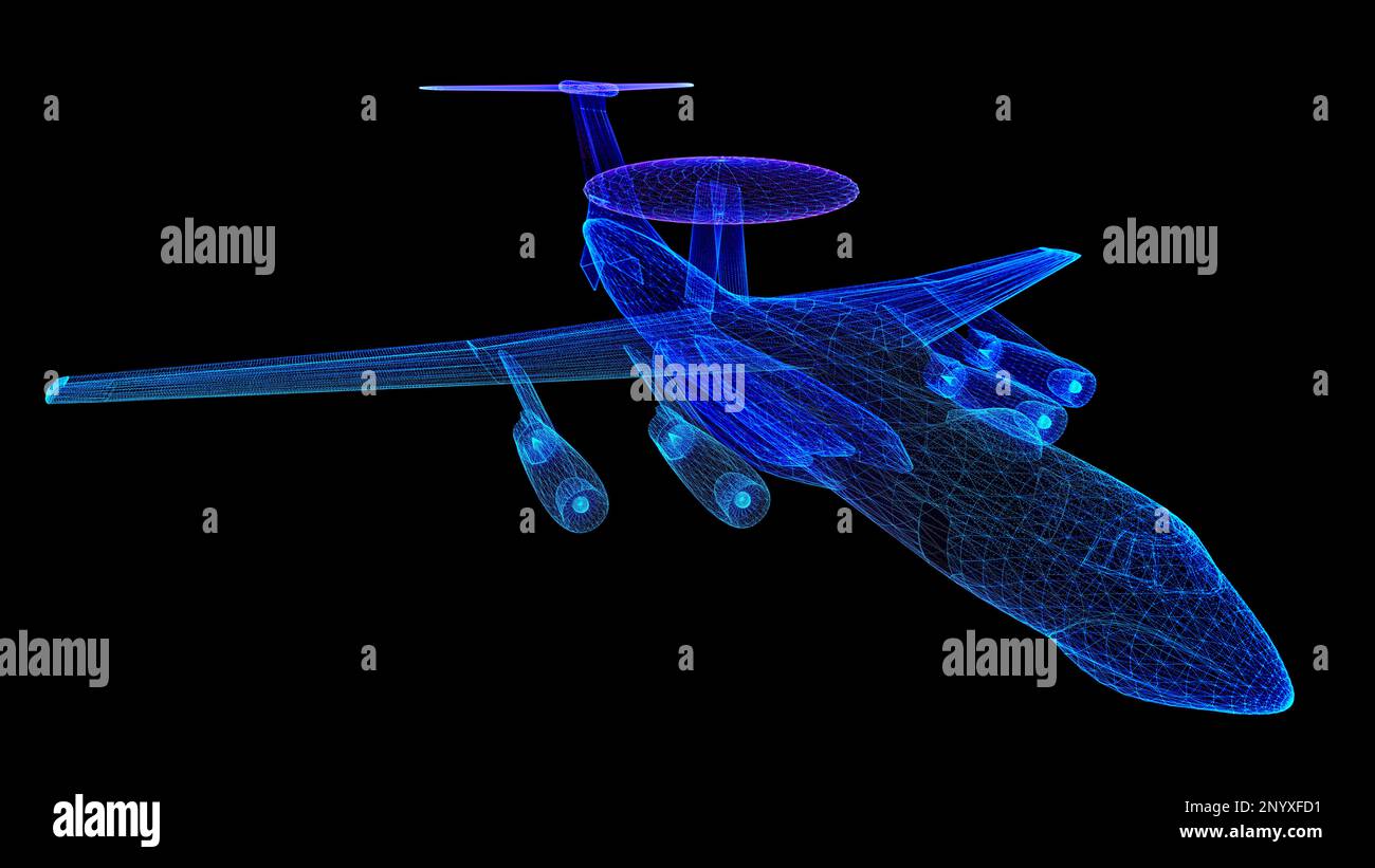 AWACS Military force air flying airplane. Glowing neon particles and ...