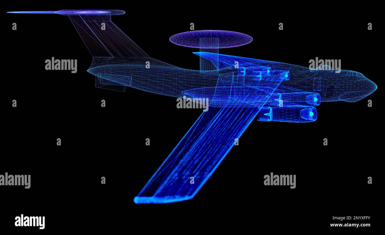 Military force air flying radar jet airplane. Glowing neon particles ...