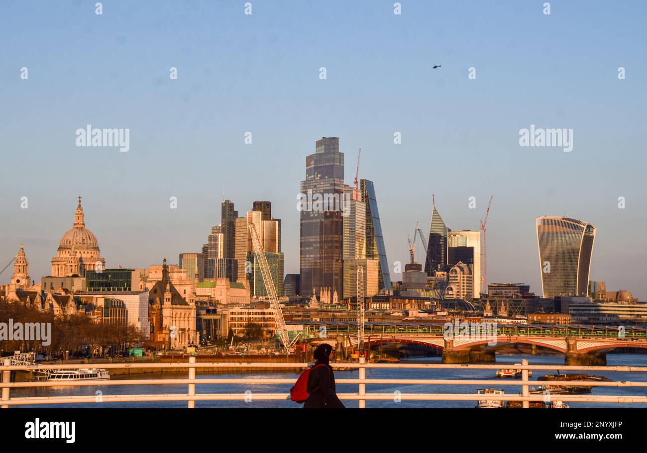 London, UK. 2nd March 2023. A pedestrian walks along Waterloo Bridge ...