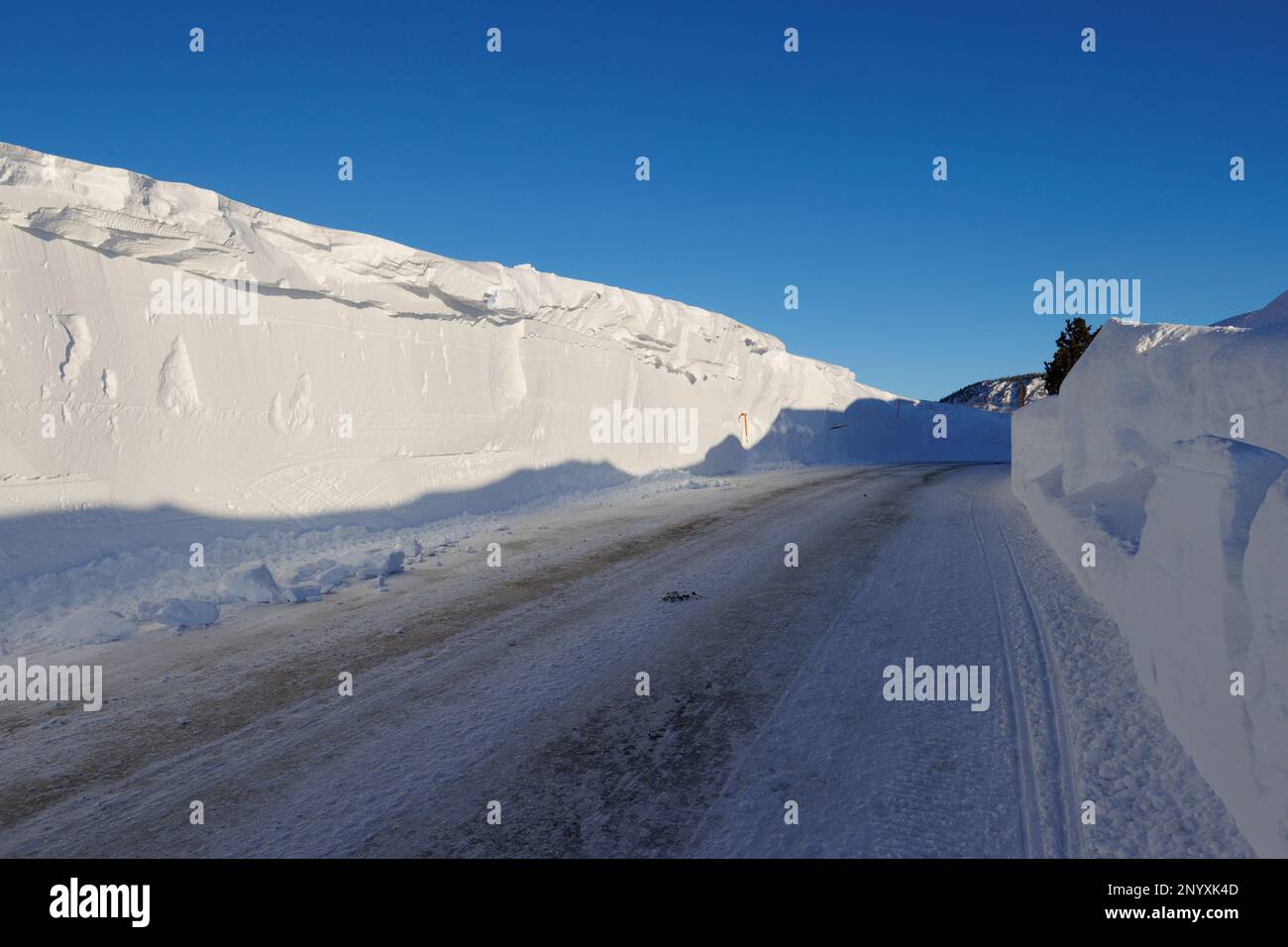 Snowbanks tower over a road in Mammoth Lakes, CA after storms dumped ...
