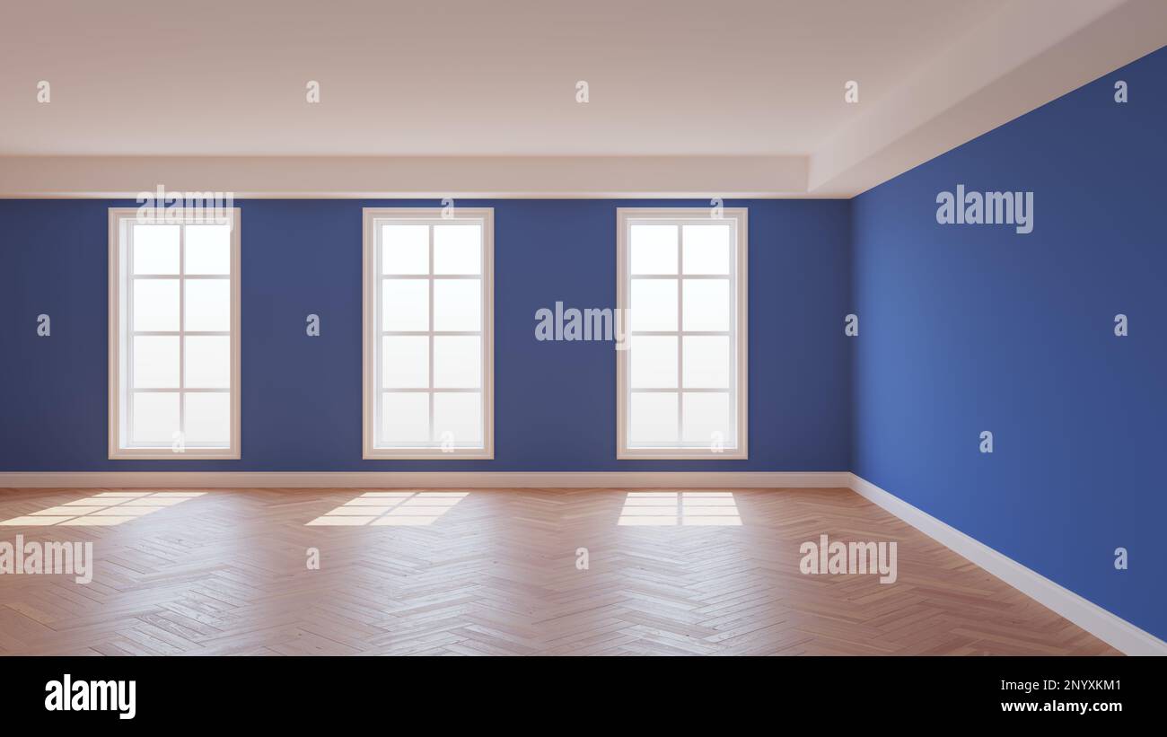 Dark Blue Room with a White Ceiling and Cornice, Glossy Herringbone ...