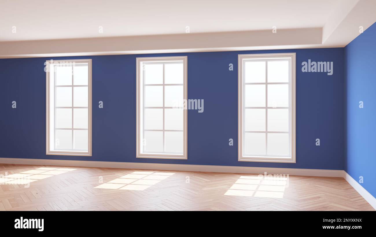 Sunny Interior of the Dark Blue Room with Three Large Windows, Light ...
