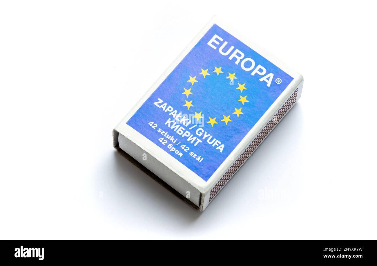 Simple pack of European Union made matches, products made in EU abstract concept, nobody, no ...