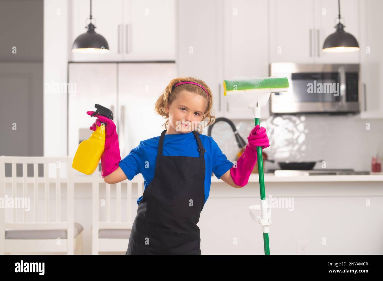 Housekeeping, home chores. Child cleans at home concept. Kid cleaning ...