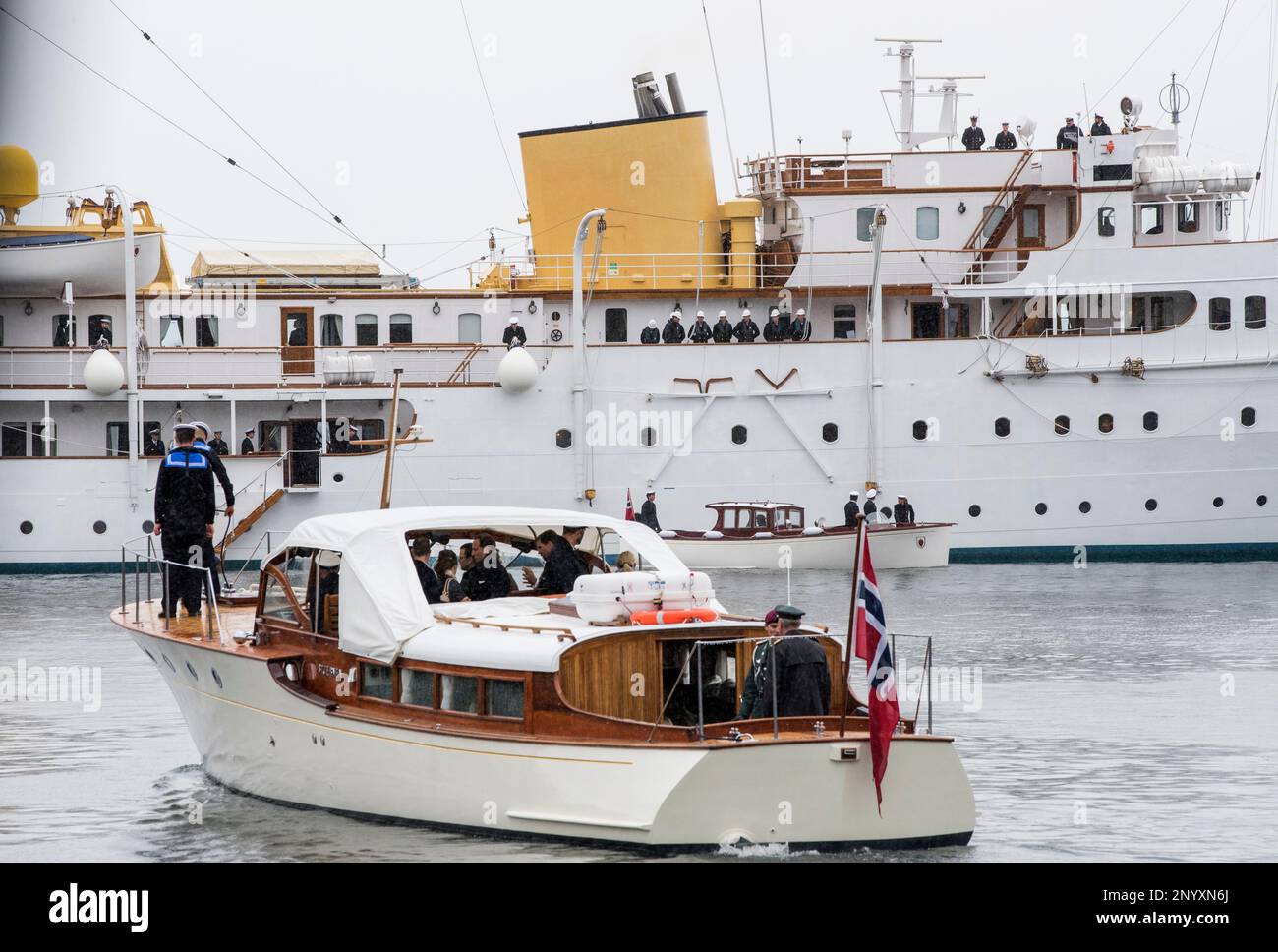 Guests are ferried to board the Royal Yacht HNoMY Norge anchored on the ...