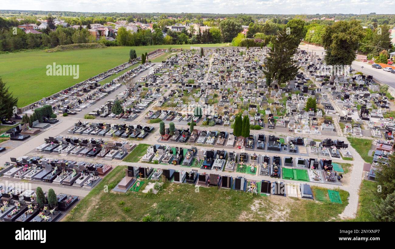 Small city town cemetery, graveyard aerial view, drone shot, flying ...