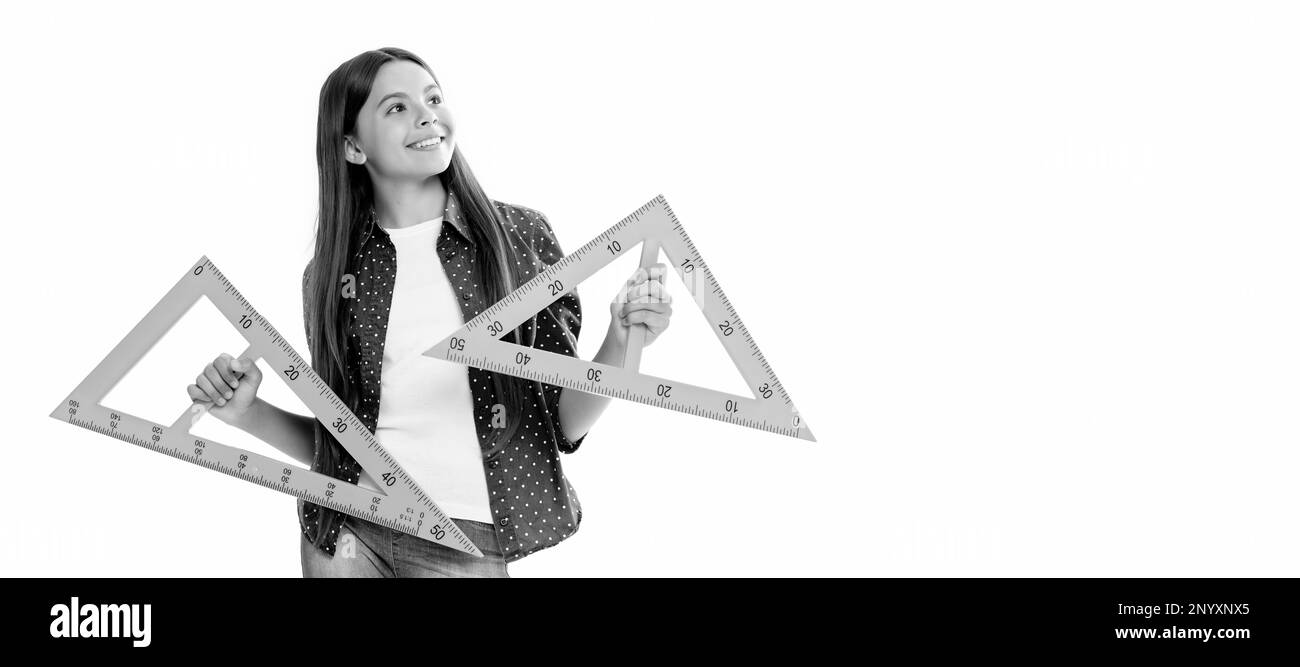 happy child hold triangle ruler study algebra at school isolated on ...