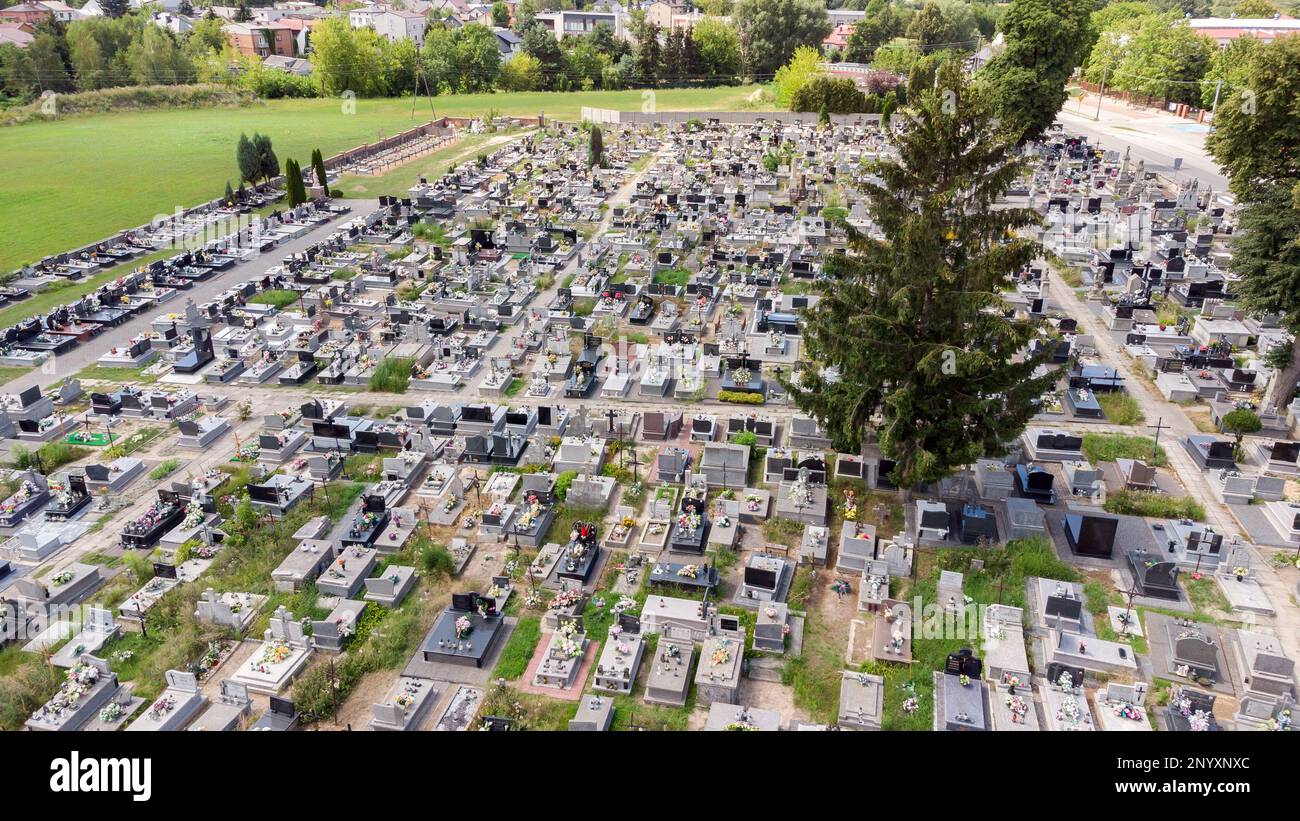 Small city town cemetery, graveyard aerial view, drone shot, flying ...