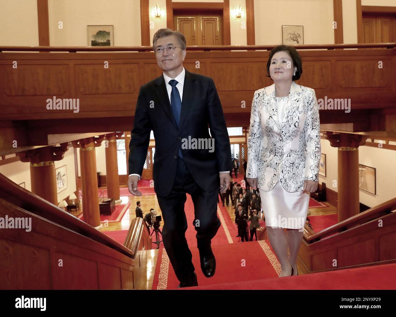 South Korean President Moon Jae-in and his wife Kim Jung-sook arrive at ...