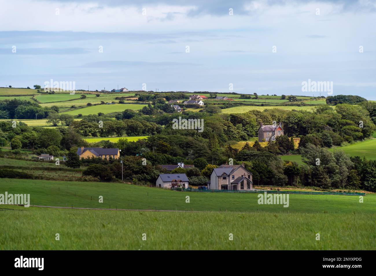 A European village among green fields and trees. Farmhouses in Ireland ...