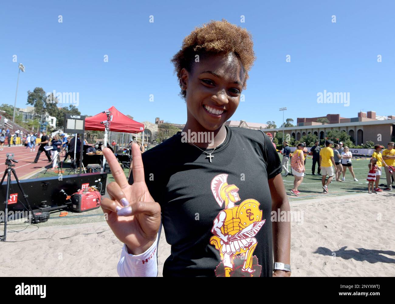 Deanna Hill of Southern California poses during a dual meet against ...