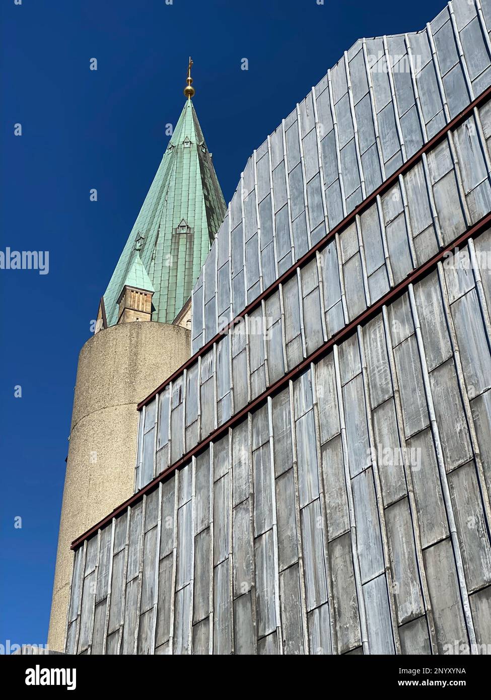 Steeple of Paderborn Cathedral, in the foreground the striking lead ...