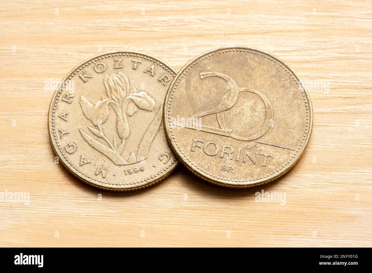 20 Hungarian Forints two twenty Forint coins, side and reverse, object ...