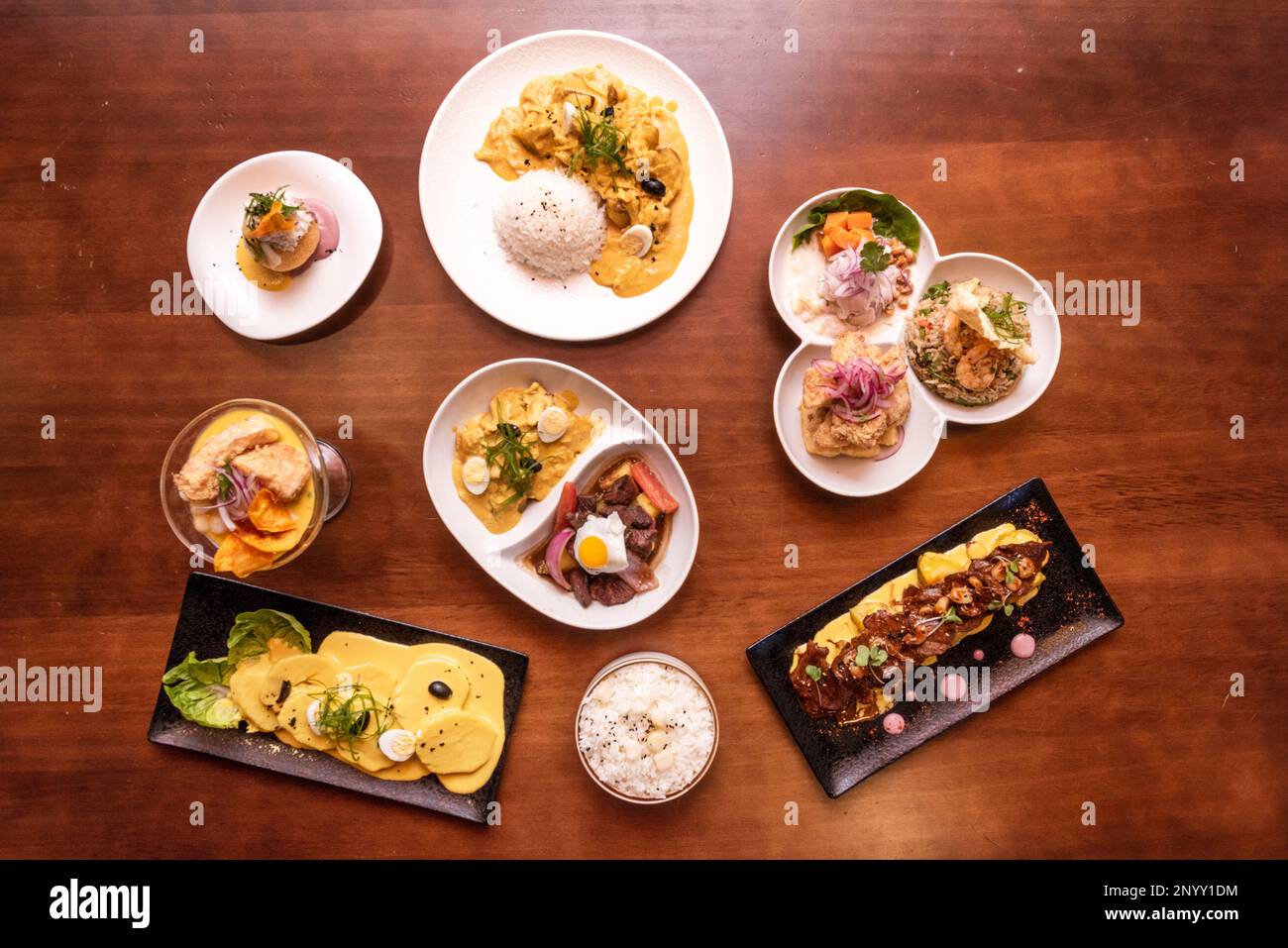 Set of typical Peruvian food dishes with known recipes, ceviches, lomo ...