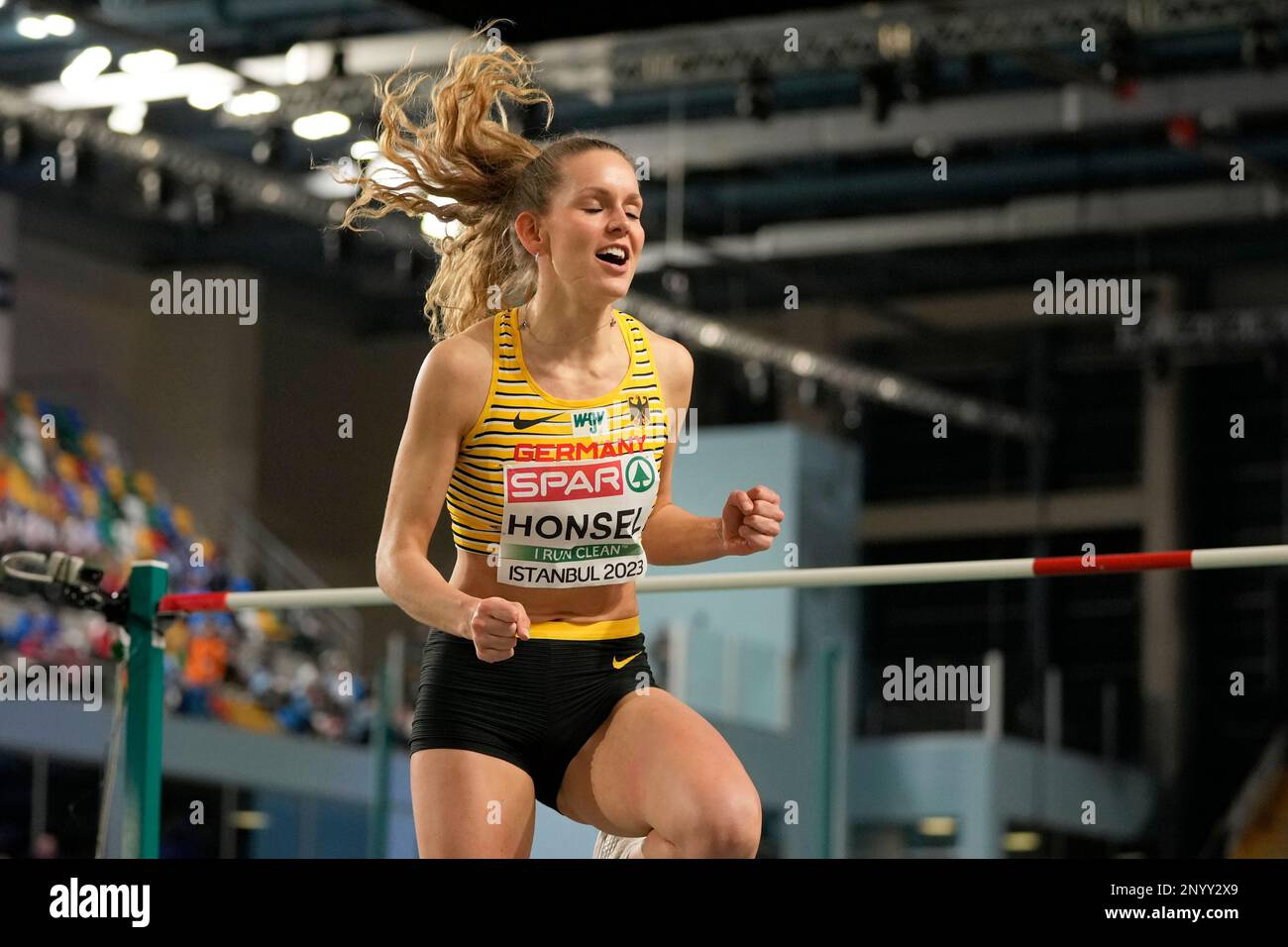 Christina Honsel, of Germany, reacts after an attempt in the Women High ...