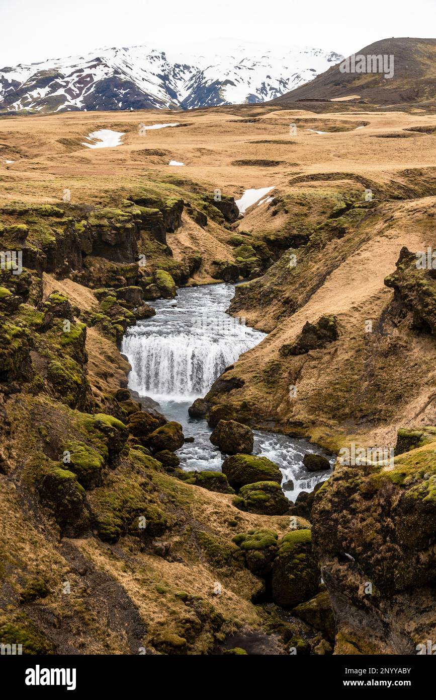 Distant view of the Steinbogafoss waterfall and the surrounding ...