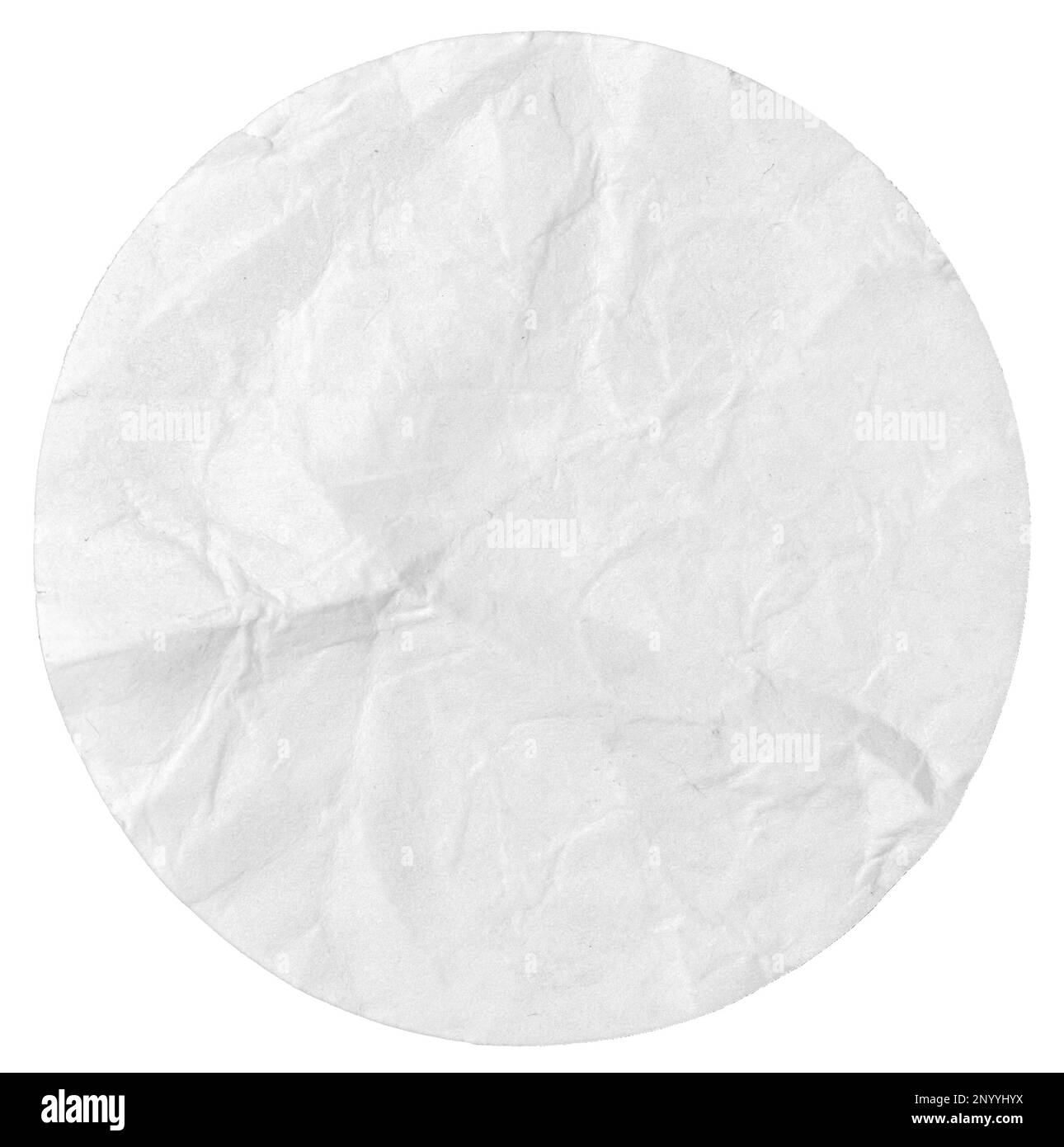 Blank white circle shape label isolated on white background. Crumpled ...