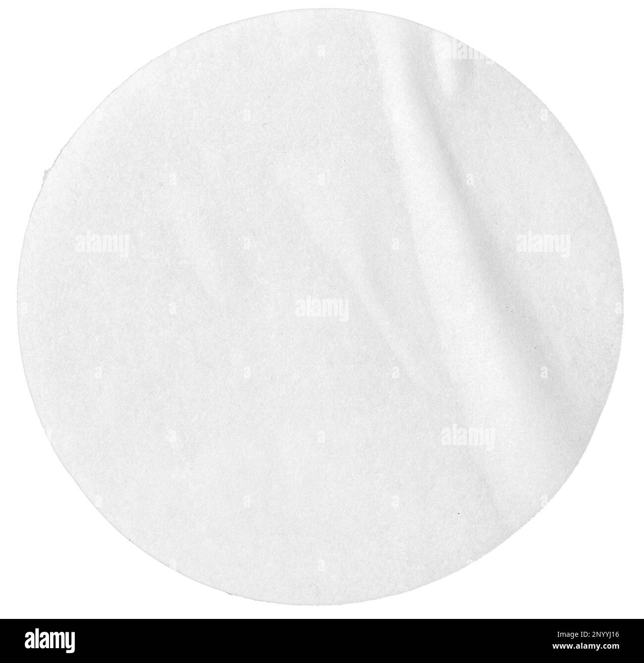 Blank white circle shape label isolated on white background. Crumpled ...