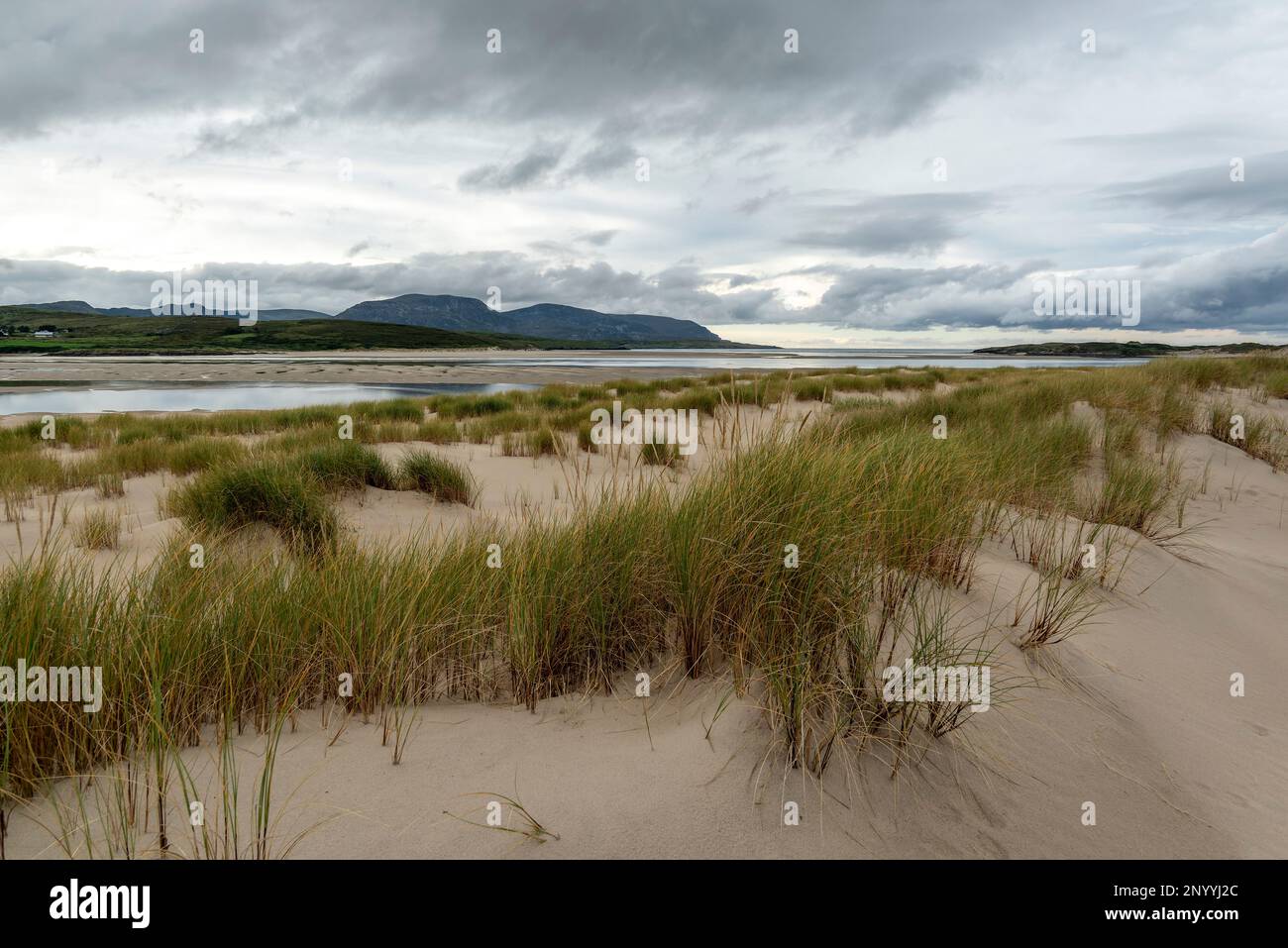 View over grassy sand dunes towards Ballinreavy Strand, Kiltoorish ...