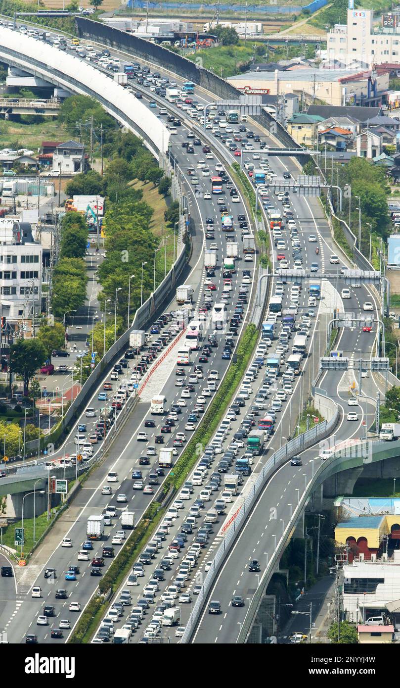 An aerial picture shows a traffic congestion seen around Atsugi Service ...