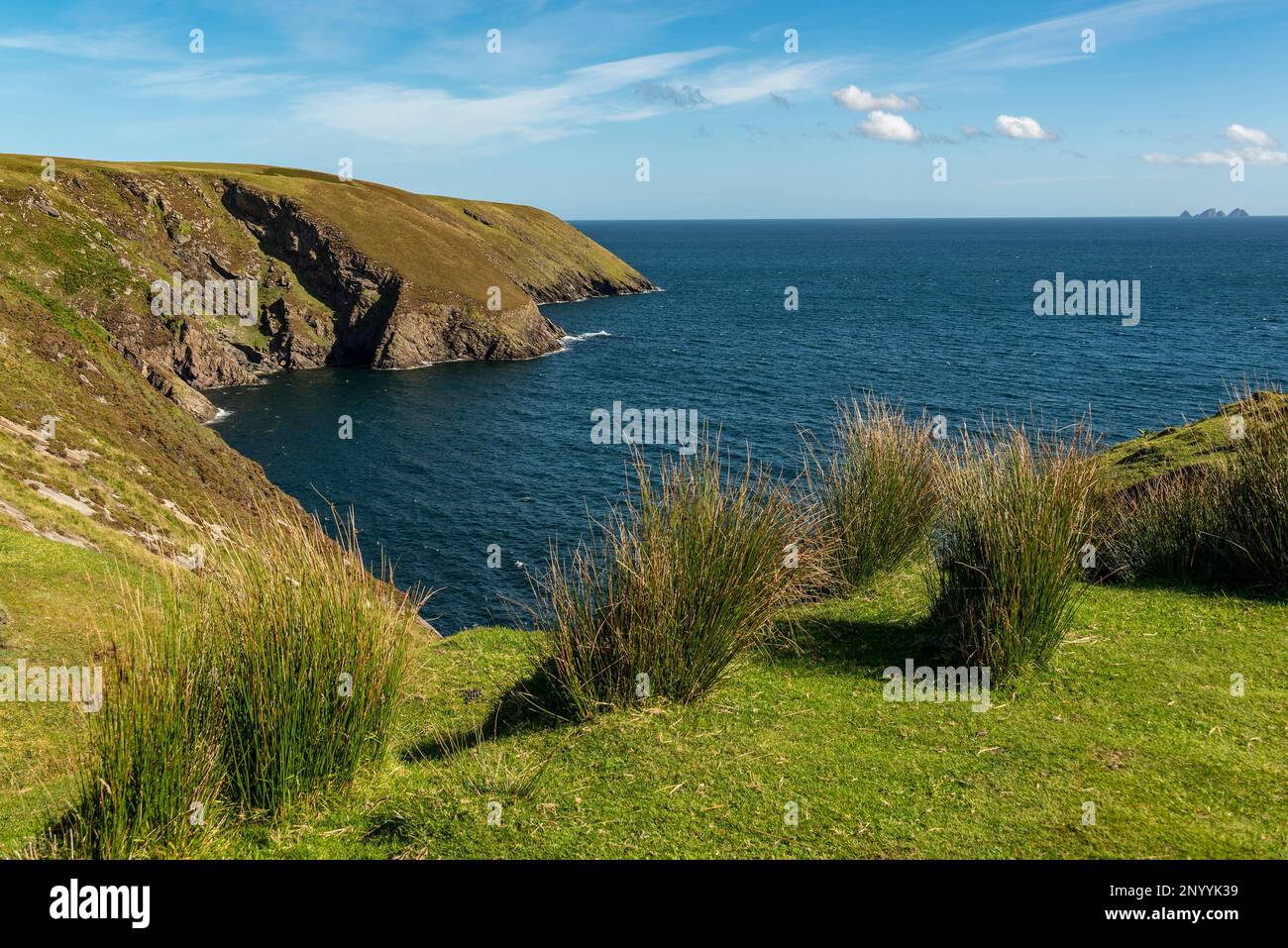 Scenic view of the green cliffs of Erris Head and the blue Atlantic ...