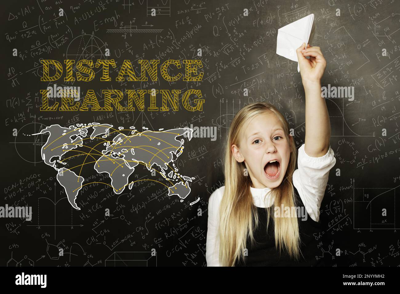 Student little girl and science background. Distance learning, e ...