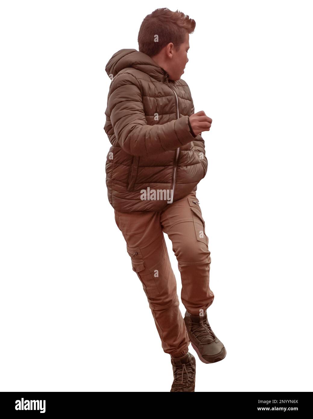 Teenage boy runs and looks back, front view, isolated on white ...