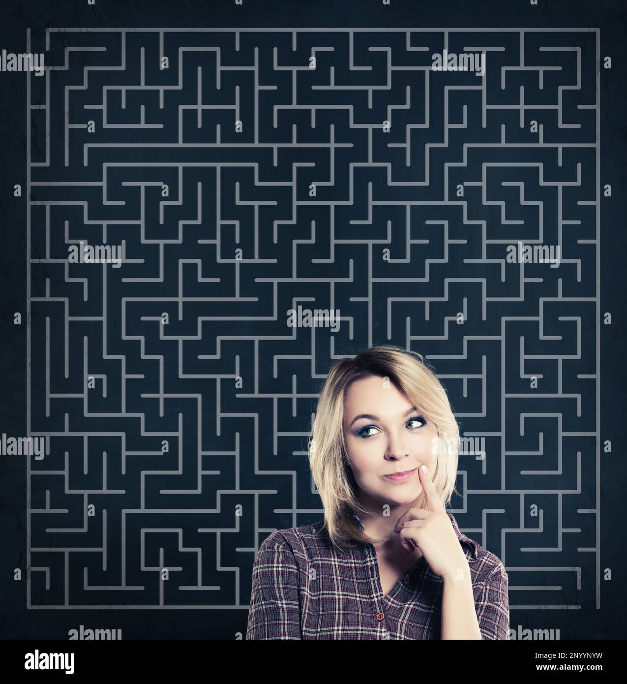 Thinking Woman on Dark Background with labirinth. Choice, difficult ...