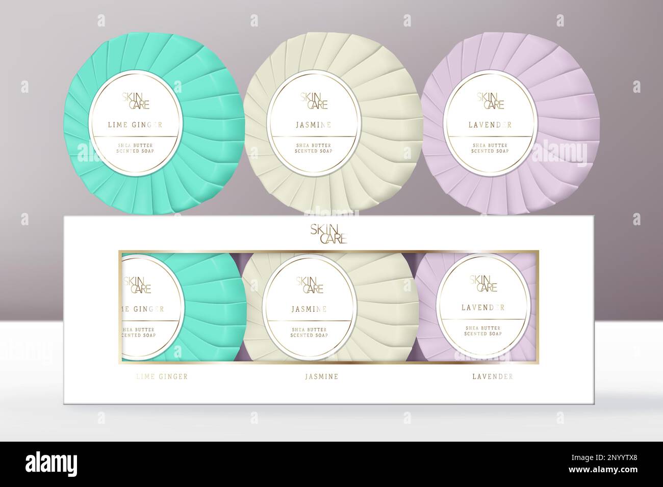 Vector Gift Set Paper Wrapping Round Shaped Hand Wash Soap with Gold ...