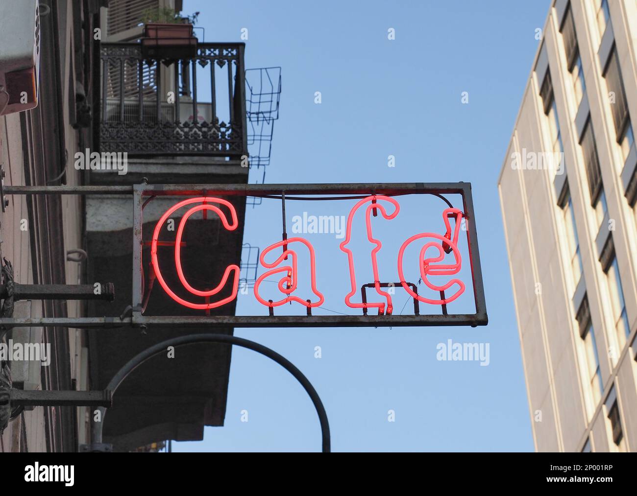 red neon light cafe sign over sky Stock Photo - Alamy