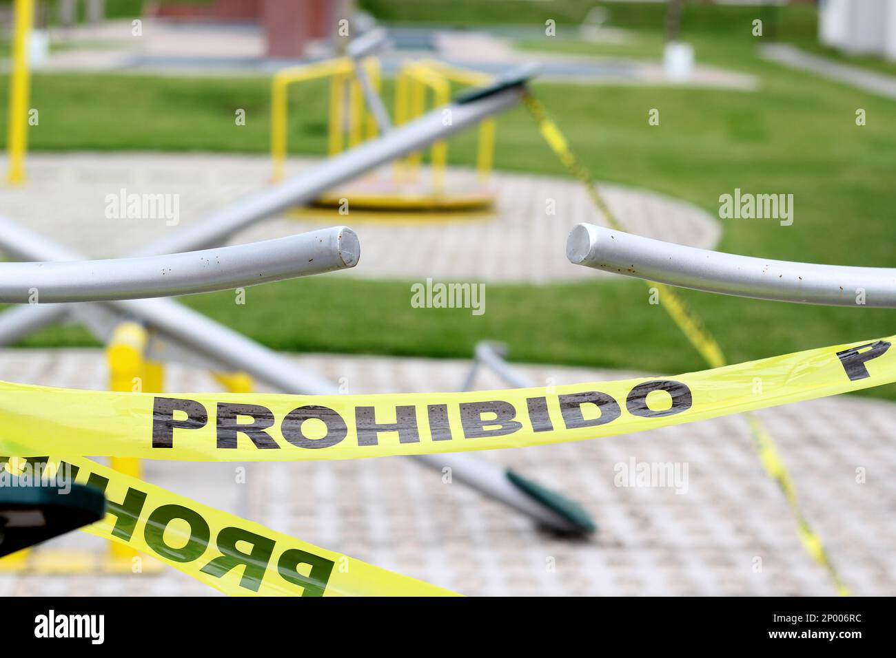 Children's games cordoned off with yellow tape "Forbidden" due to covid ...