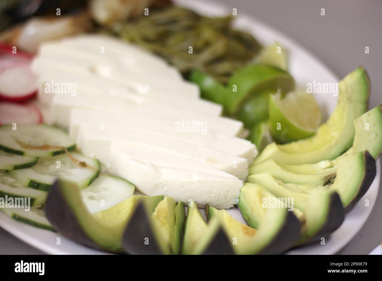Plate of typical Mexican snack with cheese, nopales, chili peppers ...