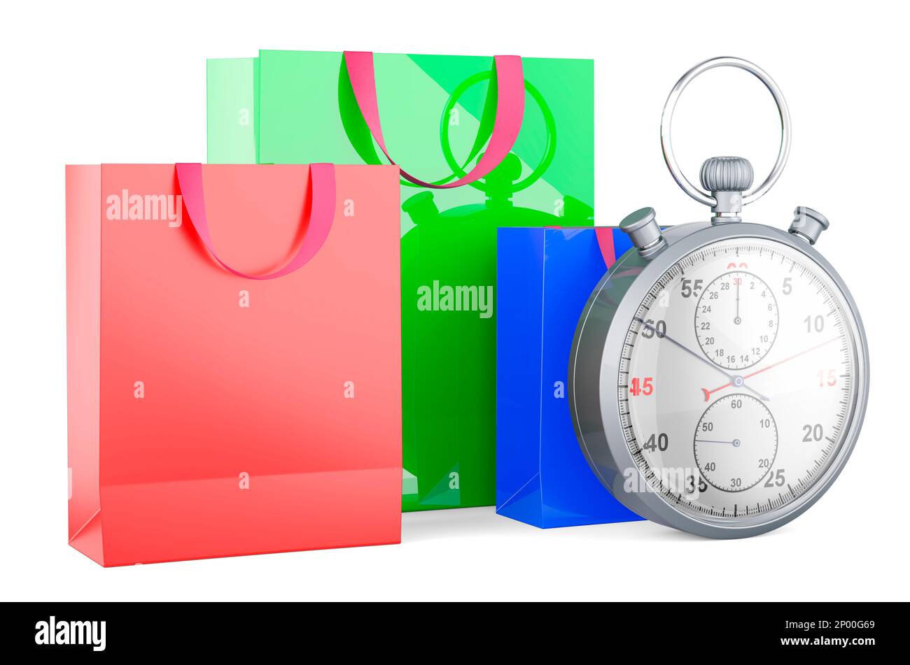 Shopping bags with stopwatch, 3D rendering isolated on white background ...
