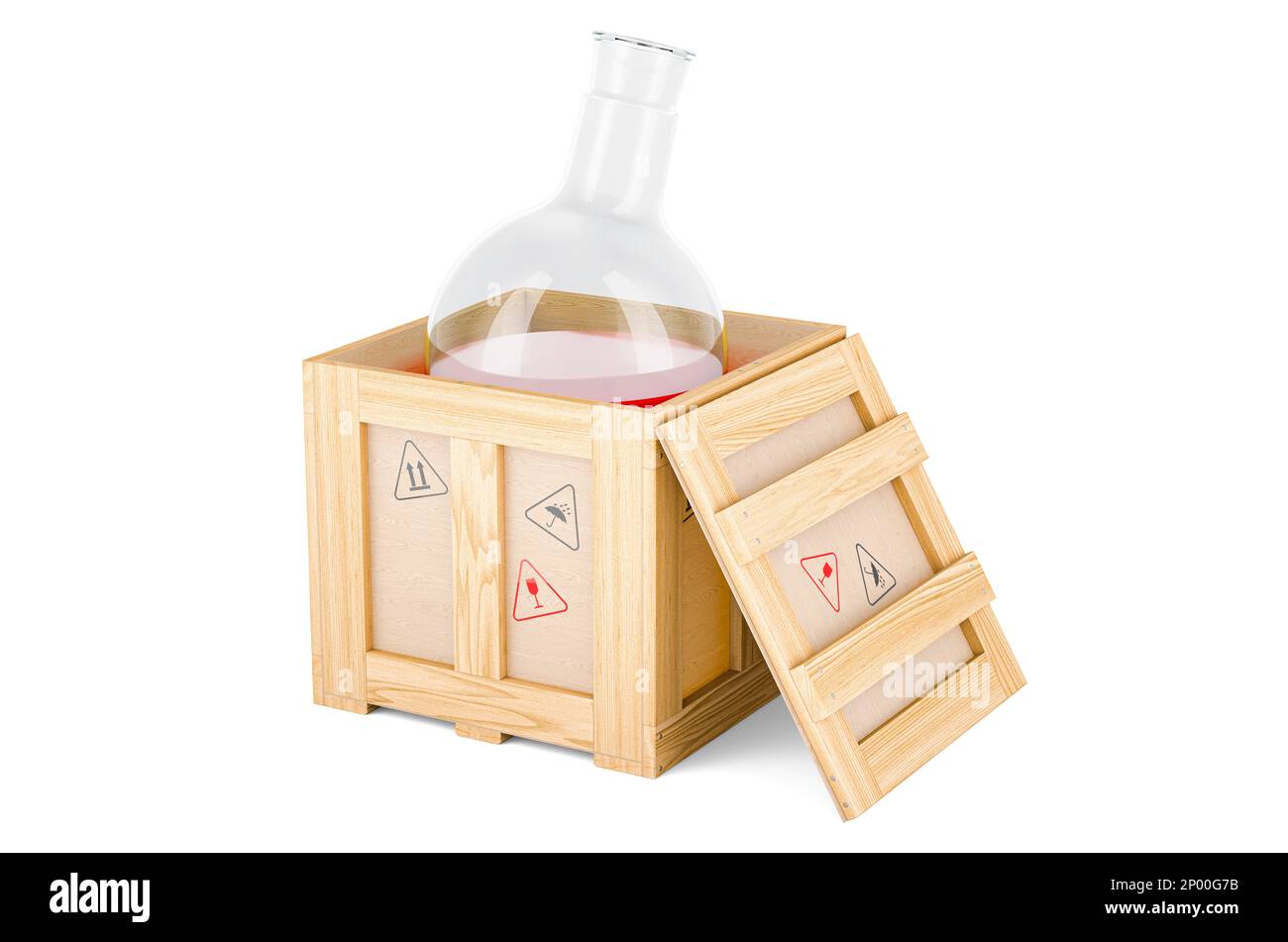 Chemical flask inside wooden box, delivery concept. 3D rendering ...