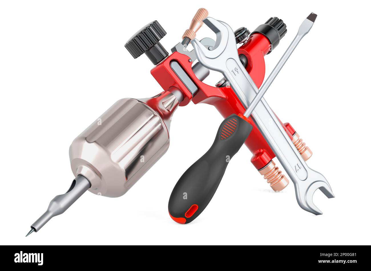 Tattoo machine with screwdriver and wrench, 3D rendering isolated on ...