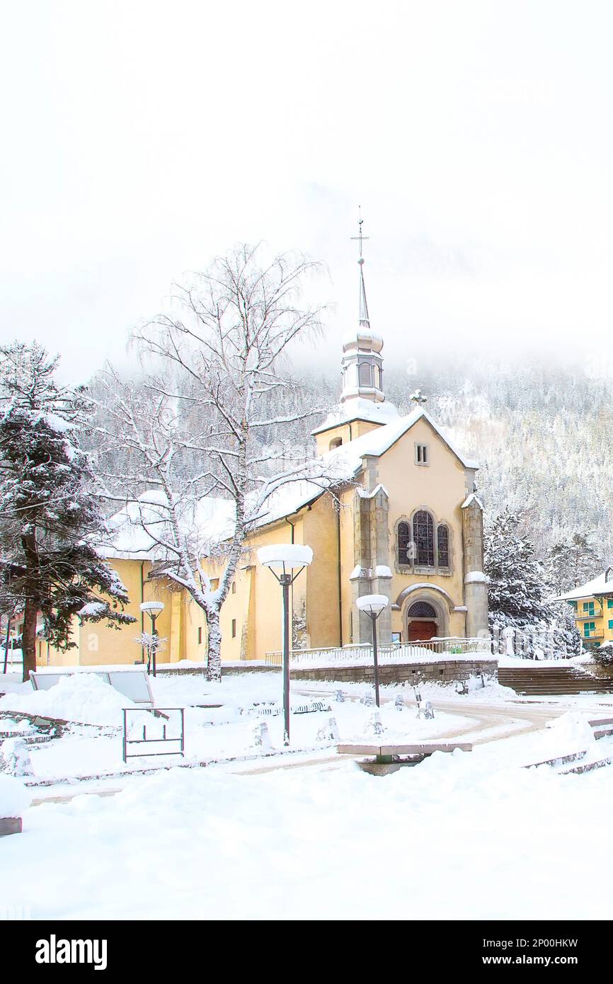 Chamonix Mont-Blanc, France landmark, Saint Michel Church and snow ...