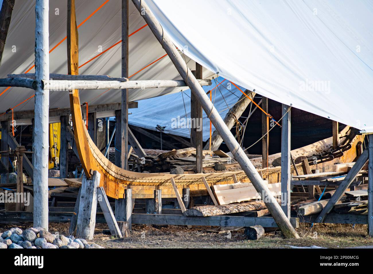 Replica Viking longboats under construction using traditional methods ...